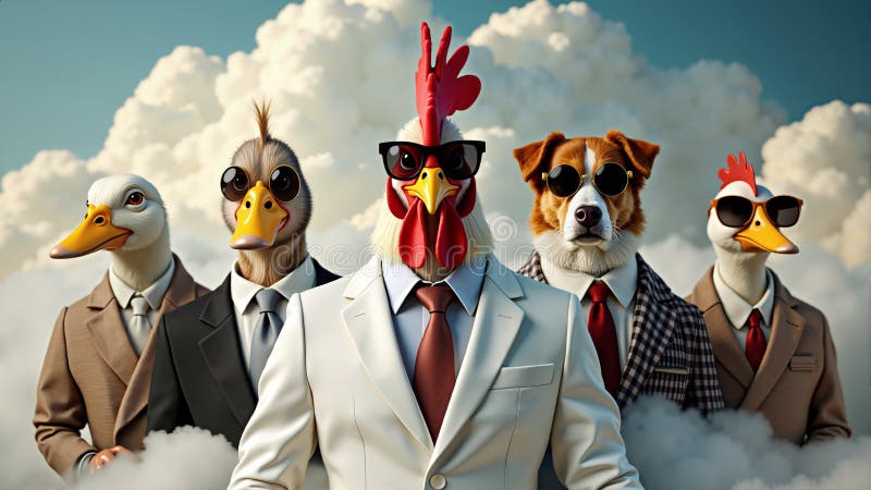 A Whimsical Satire with Animals in Professional Attire Floating Against ...