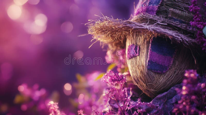Whimsical Scarecrow in a Purple Floral Setting. Stock Image - Image of ...