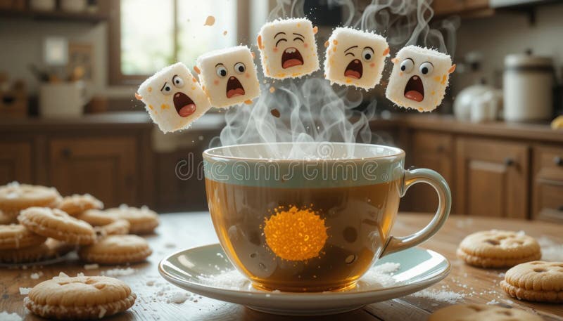 A Whimsical Scene with Animated Sugar Cubes Displaying Expressive Faces ...