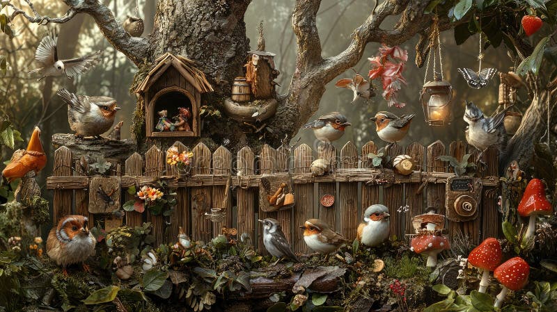 A Whimsical Scene of Birds and Fairies in a Forest Setting Stock ...