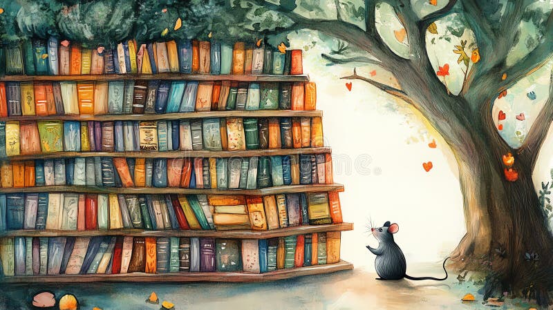 A Whimsical Scene of a Book-loving Mouse Stock Illustration ...