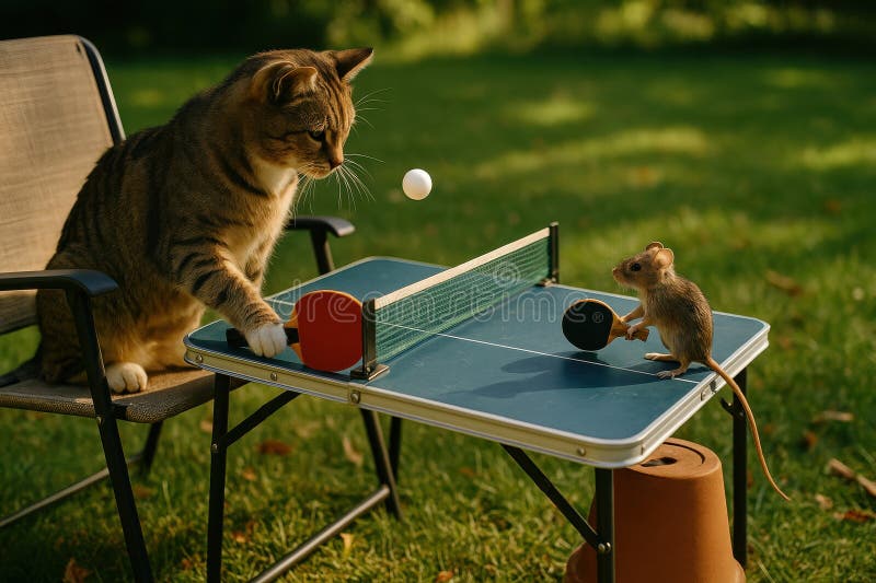 A Whimsical Scene of a Cat and Mouse Playing Ping Pong Outdoors on a ...