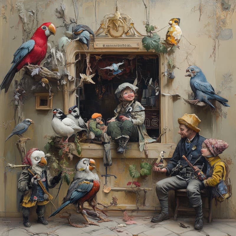 Whimsical Scene of Children and Colorful Birds at a Rustic Shop Stock Image - Image of nostalgic ...