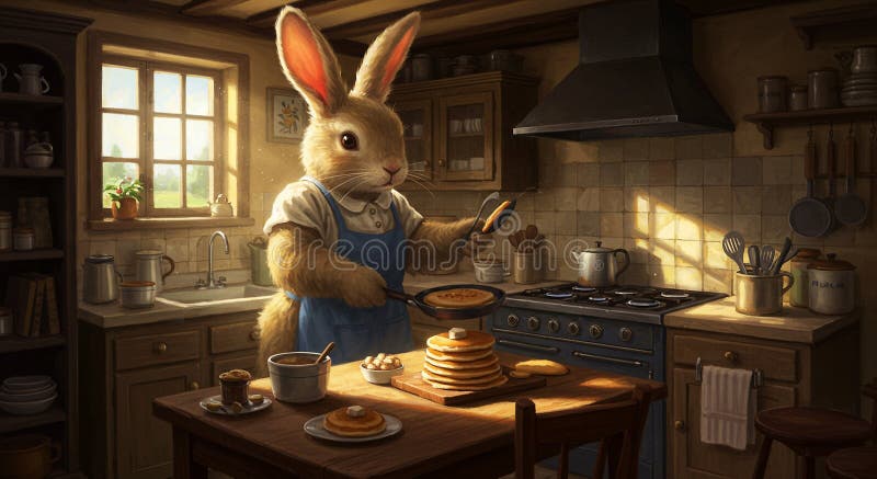 A Whimsical Scene Depicting an Anthropomorphic Rabbit in a Cozy Kitchen ...