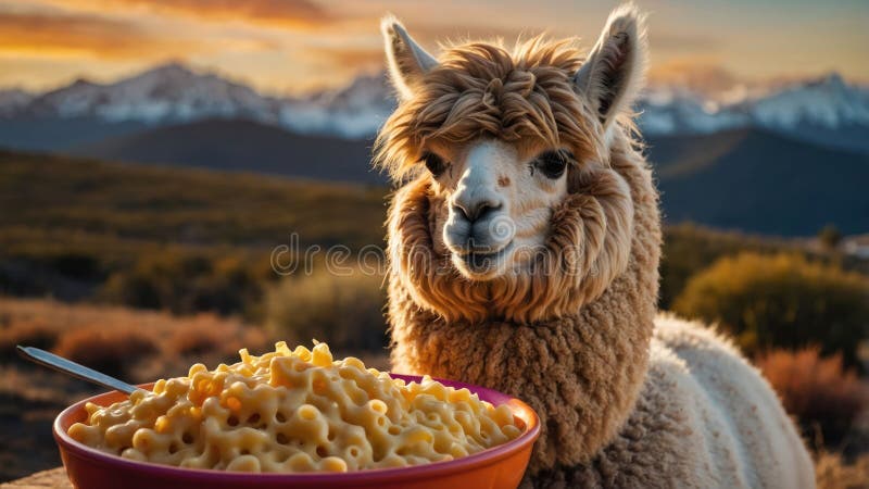 Adorable Alpaca with a Bowl of Creamy Mac and Cheese at Sunset Stock ...