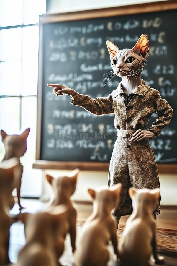 A Cat Teacher Instructing a Class of Students in a Playful Classroom ...