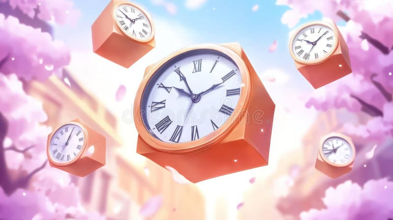 A Whimsical Scene Featuring Floating Clocks Amidst Cherry Blossom Trees Stock Illustration ...