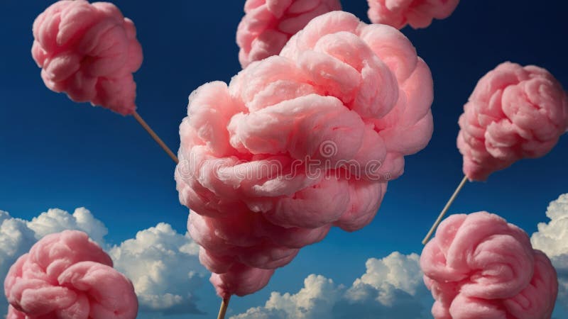A Whimsical Scene Featuring Floating Cotton Candy Against a Vibrant Sky ...