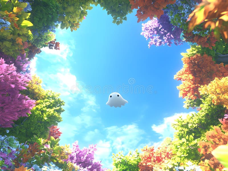 A Whimsical Scene Featuring a Floating Ghost Amidst Colorful Trees and ...
