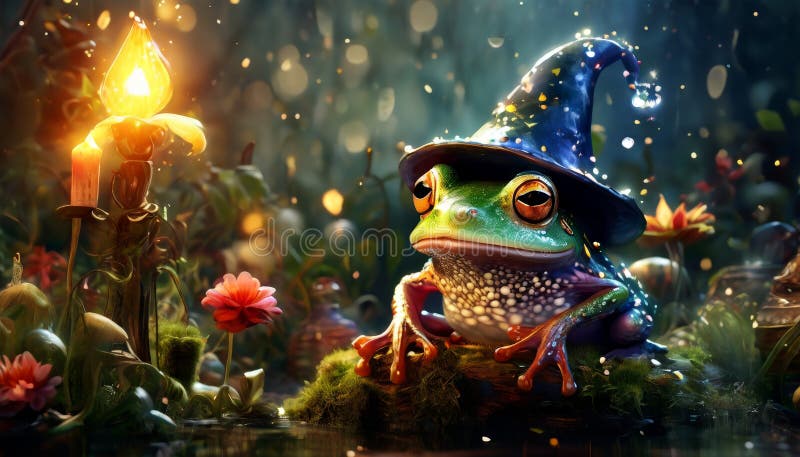 Enchanted Frog with Wizard Hat in Magical Forest Stock Photo - Image of ...