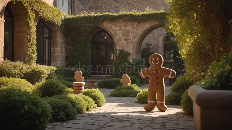 Giant Gingerbread Man in a Sunlit Courtyard Stock Illustration ...