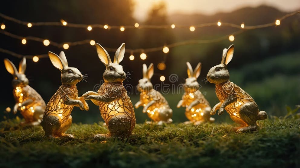 Enchanted Golden Rabbit Figurines with Fairy Lights in a Magical Garden ...