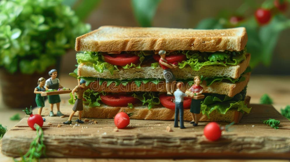 Giant Club Sandwich with Miniature People Preparing Ingredients Stock ...