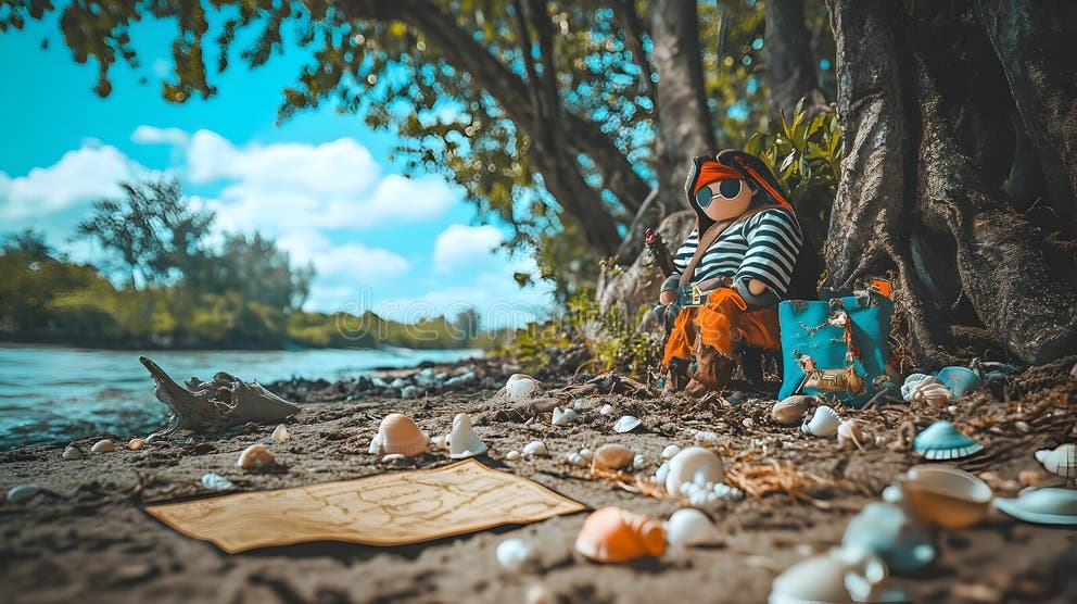 A Whimsical Scene Featuring a Pirate Doll by the Water, Surrounded by ...