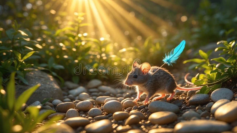 Adorable Mouse with Blue Feather in Golden Sunlight Stock Illustration ...