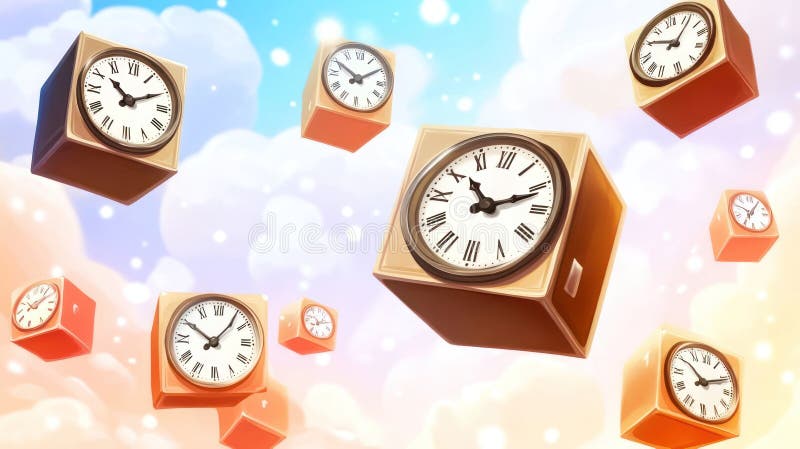 A Whimsical Scene with Floating Clocks in a Dreamy Sky Stock ...