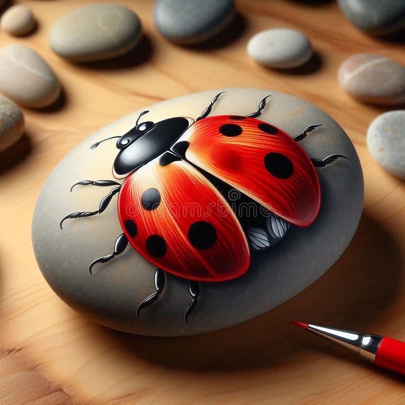 A Whimsical Scene of a Ladybug on a Rock with Painted Details ...