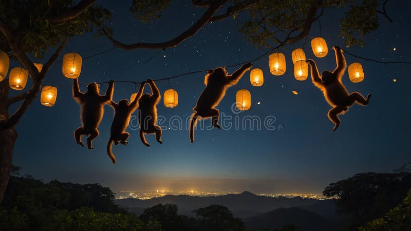 Monkeys Playing with Lanterns at Night, Silhouette Against City Lights ...