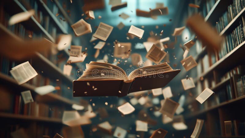 Whimsical Scene of an Open Book Surrounded by Flying Pages Stock ...