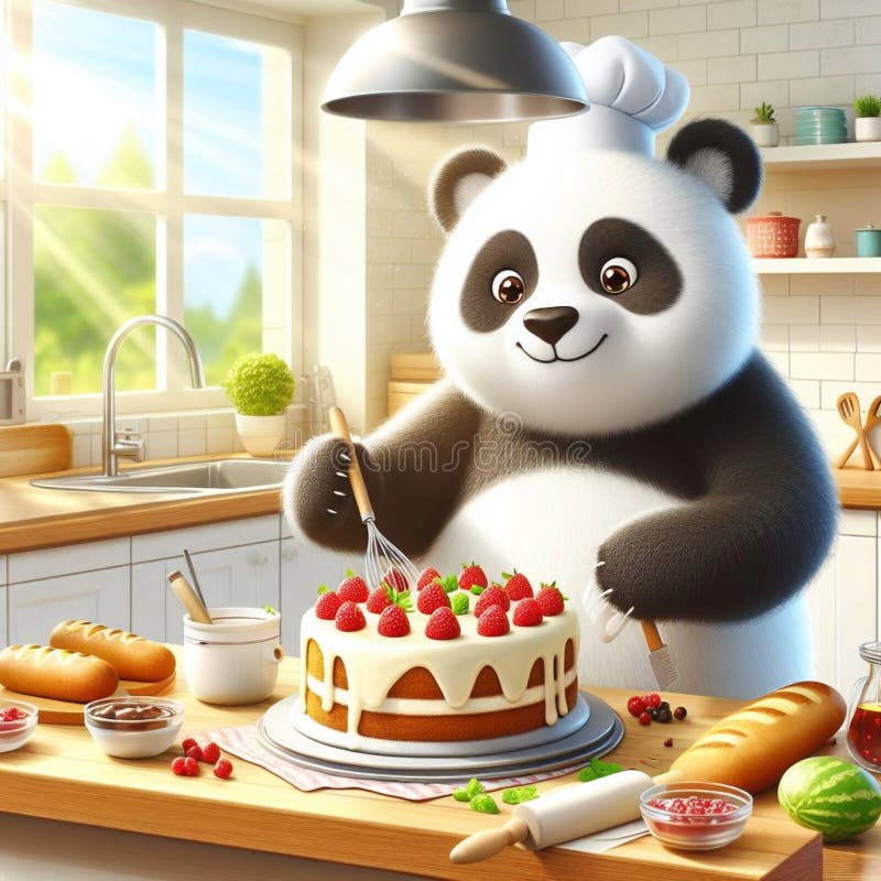 Whimsical Scene: Panda Baking Cake in a Sunny Kitchen" Stock ...
