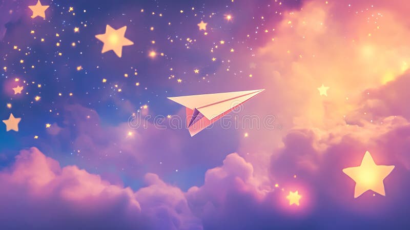 A Whimsical Scene of a Paper Airplane Flying through Glowing Stars in ...