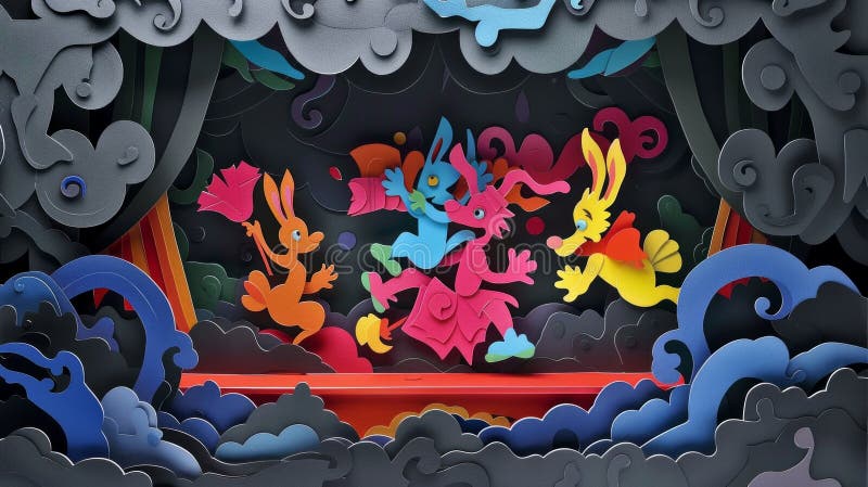Whimsical Scene of Paper-cut Characters Dancing on a Stage, Illuminated ...