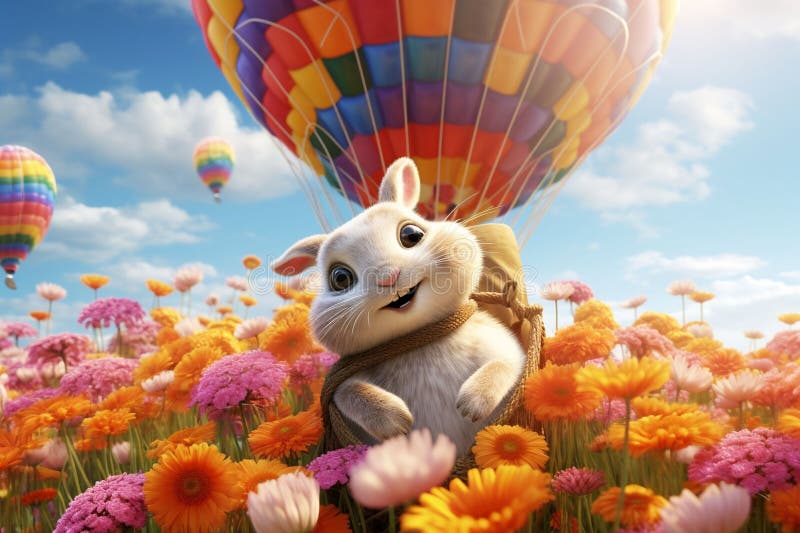 Whimsical Scene of a Rabbit in a Air Balloon Stock Illustration ...
