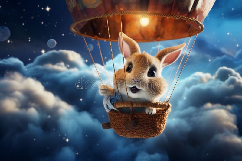 Whimsical Scene of a Rabbit in a Air Balloon Stock Illustration ...