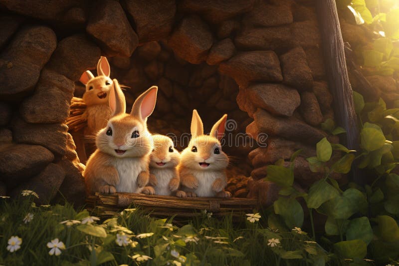 Whimsical Scene of a Rabbit Family Enjoying a Stock Illustration ...