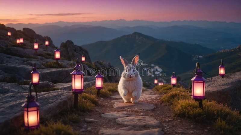 Adorable White Rabbit Hopping Towards Sunset on Mountain Path with ...