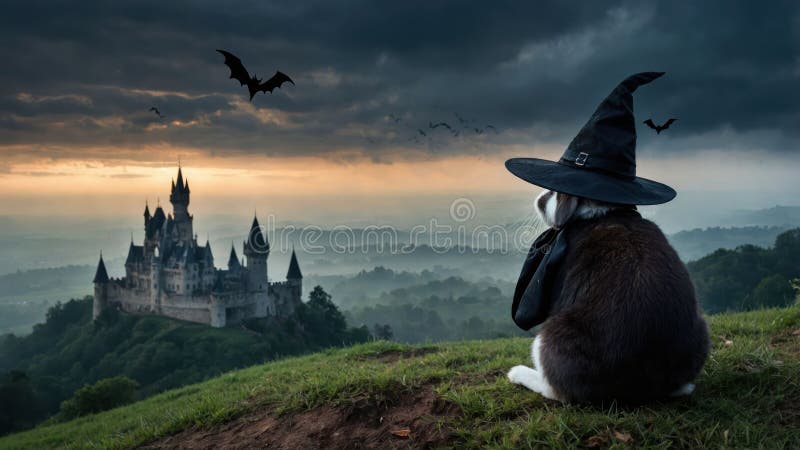 A Whimsical Scene of a Rabbit in a Witch S Hat Gazing at a Castle Under ...