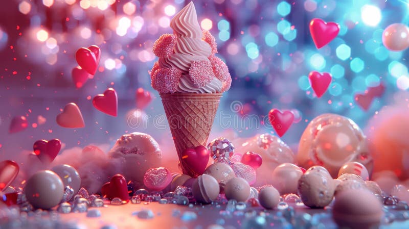 A Whimsical Scene of a Soft-serve Ice Cream Cone Amid Colorful Hearts ... A Whimsical Scene of a Soft-serve Ice Cream Cone Amid Colorful Hearts ...