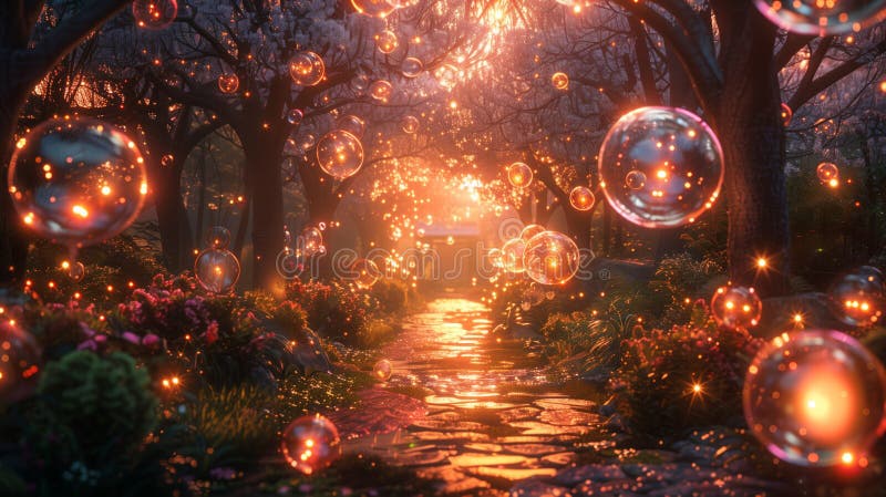 Enchanted Forest Path with Glowing Bubbles Stock Photo - Image of ...