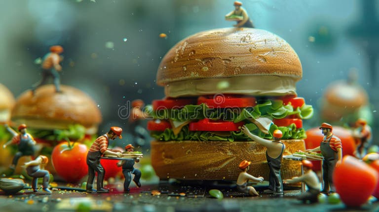 Gigantic Burger Construction Site: Miniature Workers Building a Massive ...