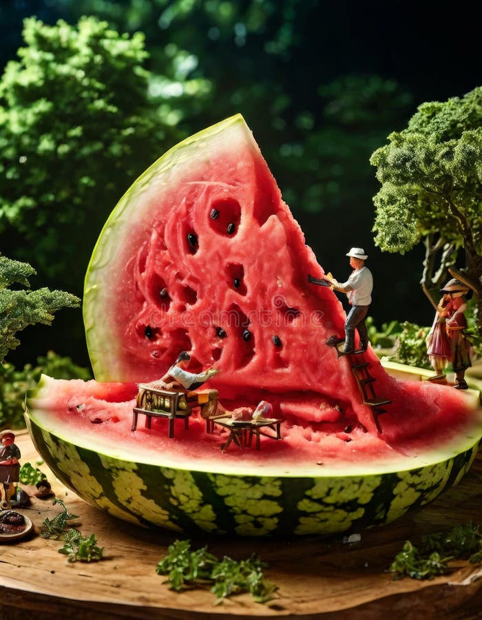 Miniature Figures Working on a Giant Slice of Watermelon Stock ...