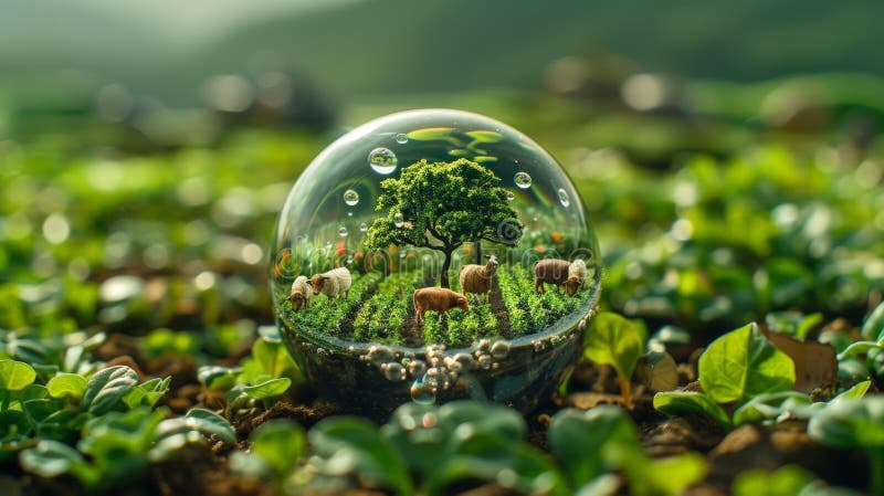 A Whimsical Scene of a Tiny World on a Dewdrop Stock Illustration ...