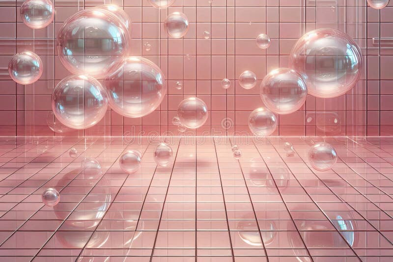 Whimsical Scene with Transparent Soap Bubbles Against Glossy Pink Tiles ...