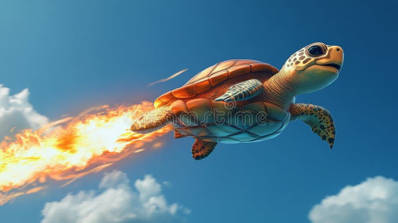 A Whimsical Scene of a Turtle with Rocket Boosters Flying through the ...