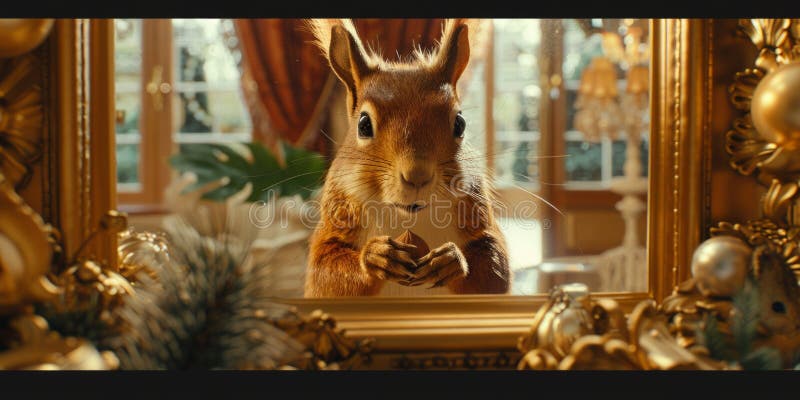 Whimsical Scene Where a Squirrel, Enclosed in a Golden Frame, Gazes at ...