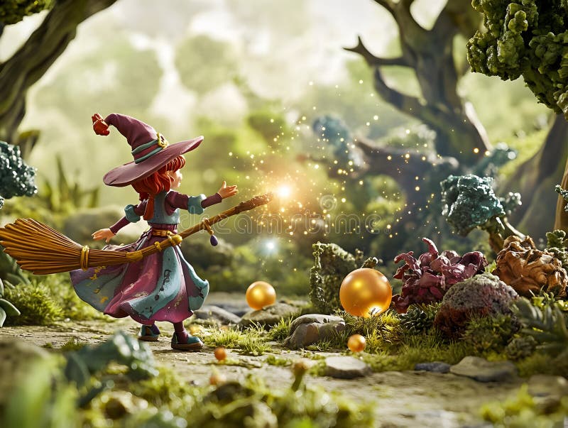 A Whimsical Scene of a Young Witch Casting Magic in a Vibrant ...