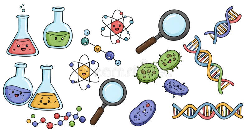 Whimsical Science Set: Cartoon Laboratory Elements and Molecular ...