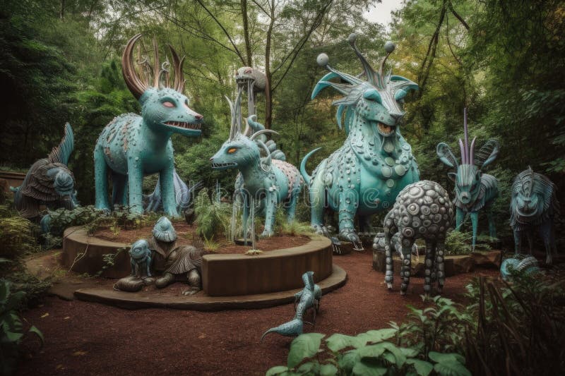 A Whimsical Sculpture Garden Featuring Fantastical Creatures and ...