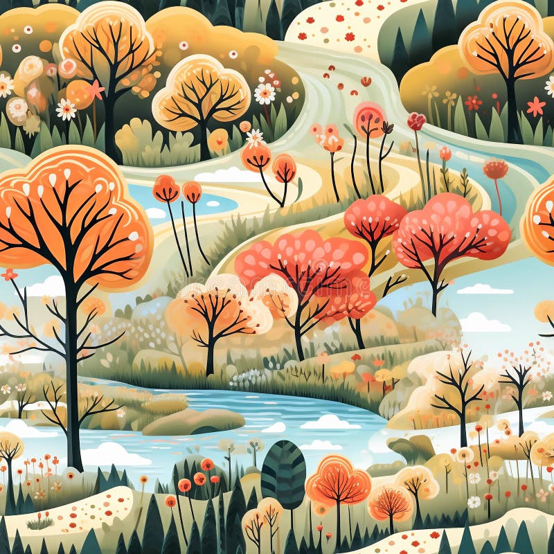 Whimsical Seamless Pattern with Autumn Trees and River. Great for ...