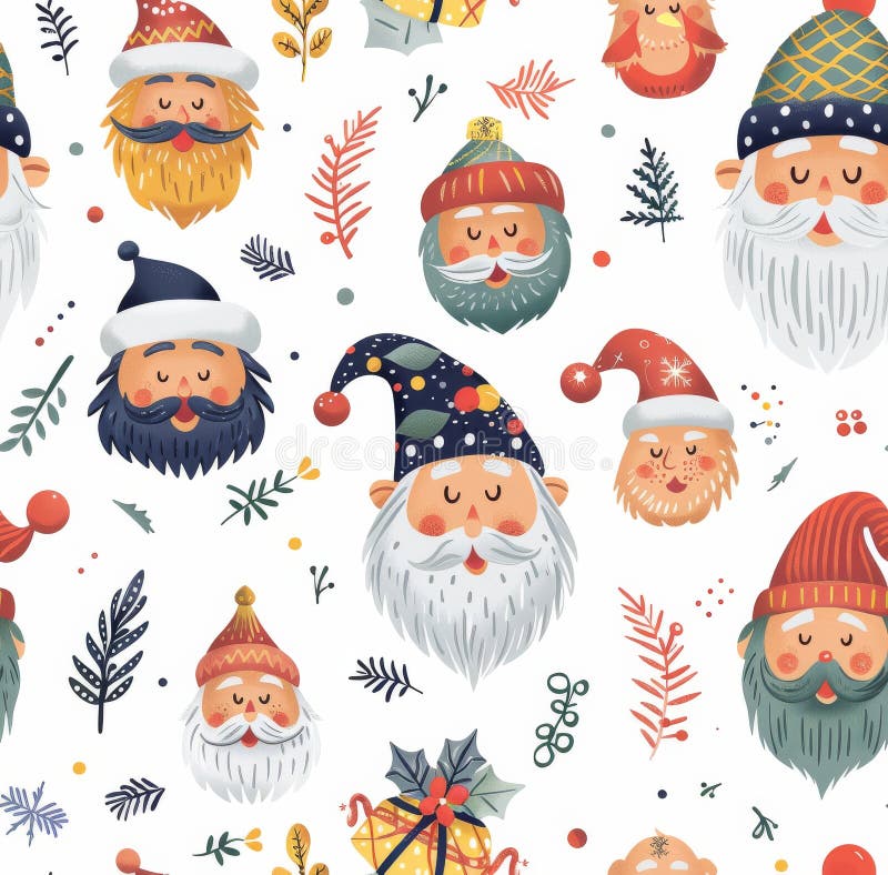 Whimsical Seamless Pattern with Bearded Santa Faces, Festive ...