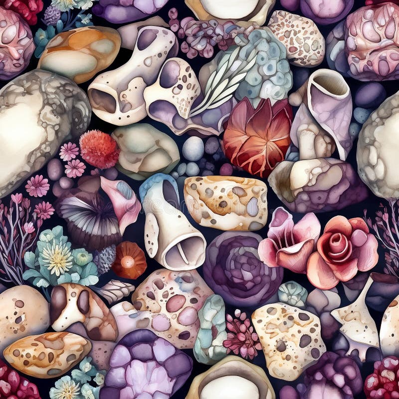 Whimsical Seamless Pattern with Multicolor Sea Pebbles and Wild Flowers ...