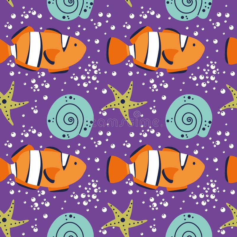 Whimsical Seamless Pattern on Purple Background with Fish and Bubbles ...