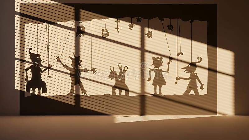 Whimsical Shadow Puppet Theater with Characters in Dramatic Sepia Light ...