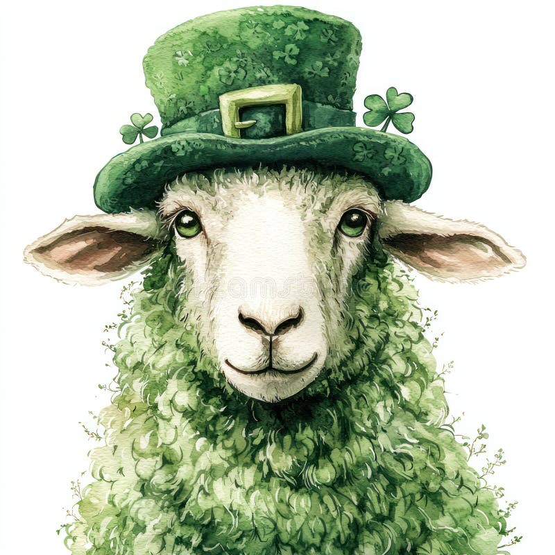 Whimsical Sheep Wearing Green Hat for St. Patrick Day, High Quality ...