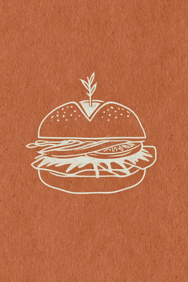 Whimsical Single Line Drawing of Burger on Brown Background Stock Image ...