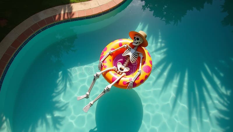 Whimsical Skeleton Relaxing in Pool on Colorful Inflatable Ring Stock ...